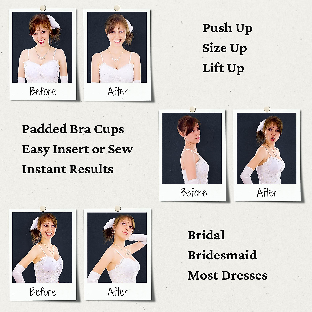 ButtonMode Extra Padded Bra Cups Insert or Sew In, Instant Push Up Size Up Boost Up Support, Balconette Breast Enhancer for Bridal, Bridesmaid, Most Dresses, White, Extra-Padded Size C, 1 Pair