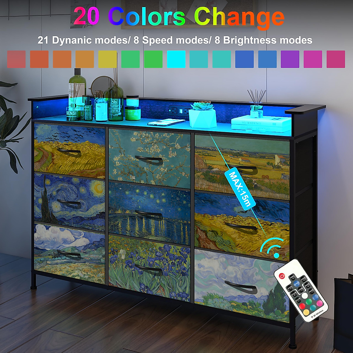 Welfuturer Dresser for Bedroom with 9 Drawers Van Gogh Dressers & Chest of Drawers Fabric Clothes Drawer Fabric Closet Organizer for Living Room Entryway Closet Nursery Sturdy Steel Frame Wood Top