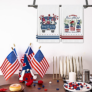 AnyDesign 4th of July Kitchen Dish Towel 18 x 28 Patriotic Gnome Truck Dishcloth Red Blue Star Flower American Flag Cloth Tea Towel Decorative Hand Towel for Bathroom Cooking Baking, 2Pcs