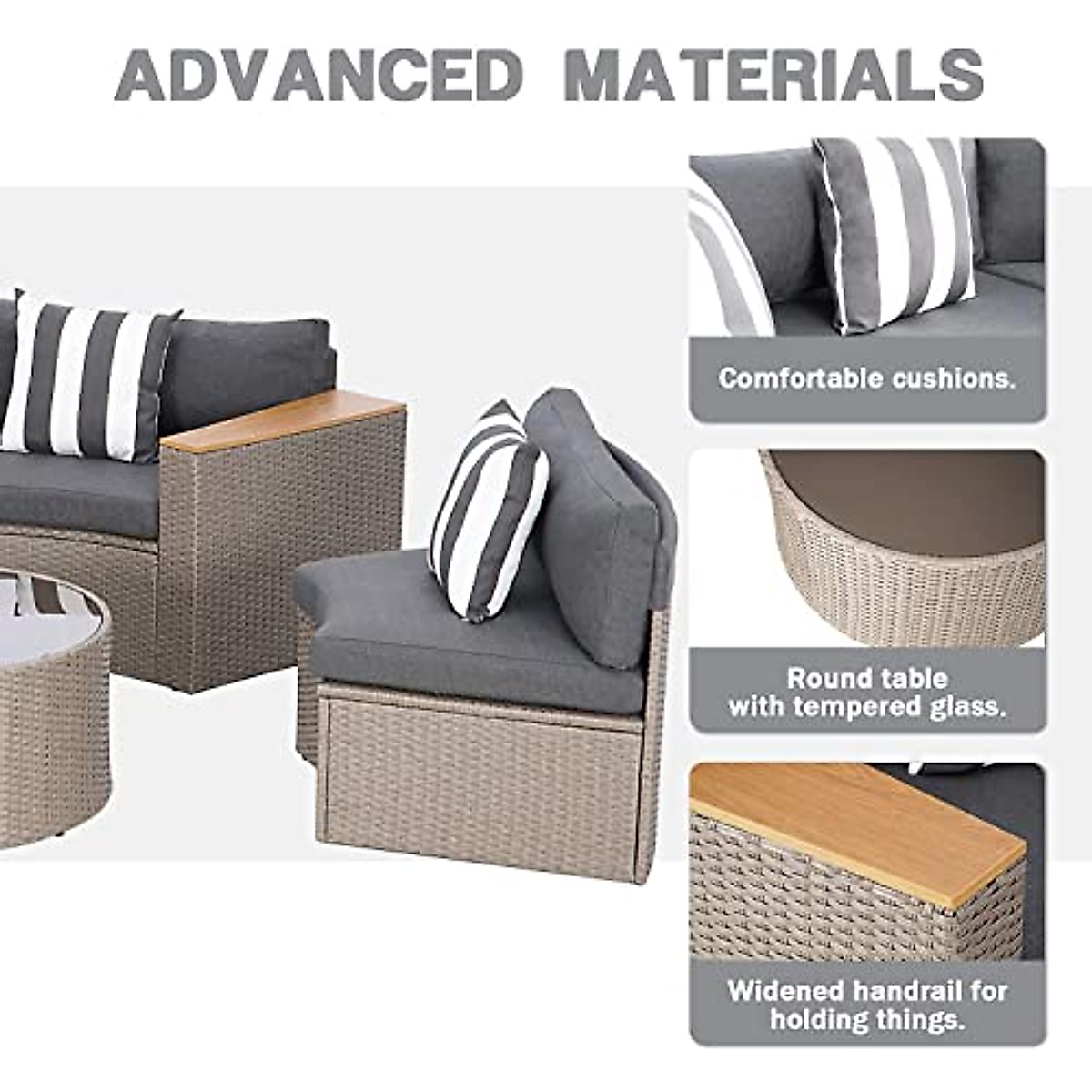 SOLAURA 5-Piece Patio Sectional Furniture Set Half-Moon Patio Set Grey Wicker Curved Outdoor Sofa with Grey Cushions & Round Glass Coffee Table (Pillow Included)