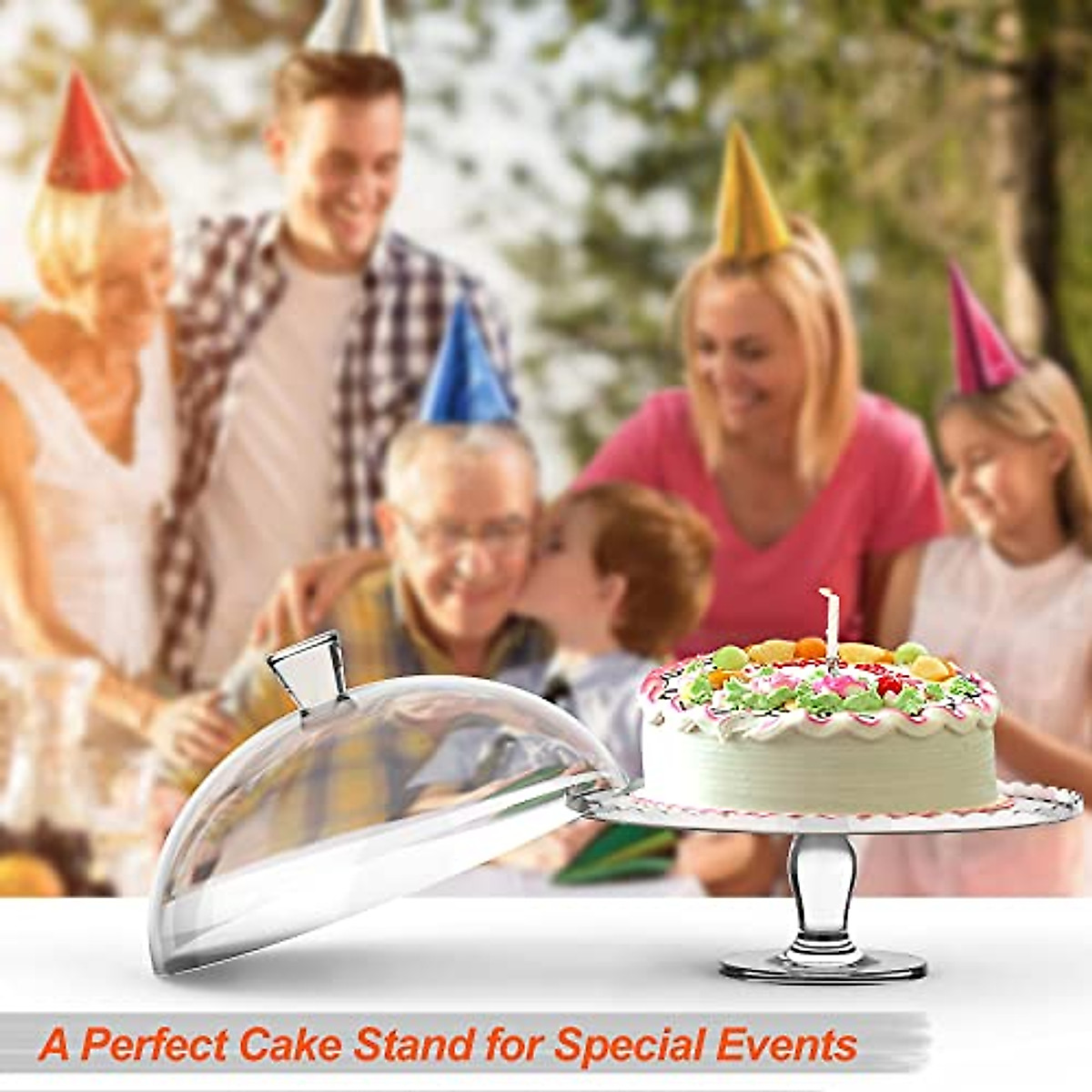 ums Glass Cake Stand with Dome - Footed Glass Service Plate, Large Size (12 inch), Footed Cake Plate Wıth Dome, Multifunctional Serving Platter, durable glass