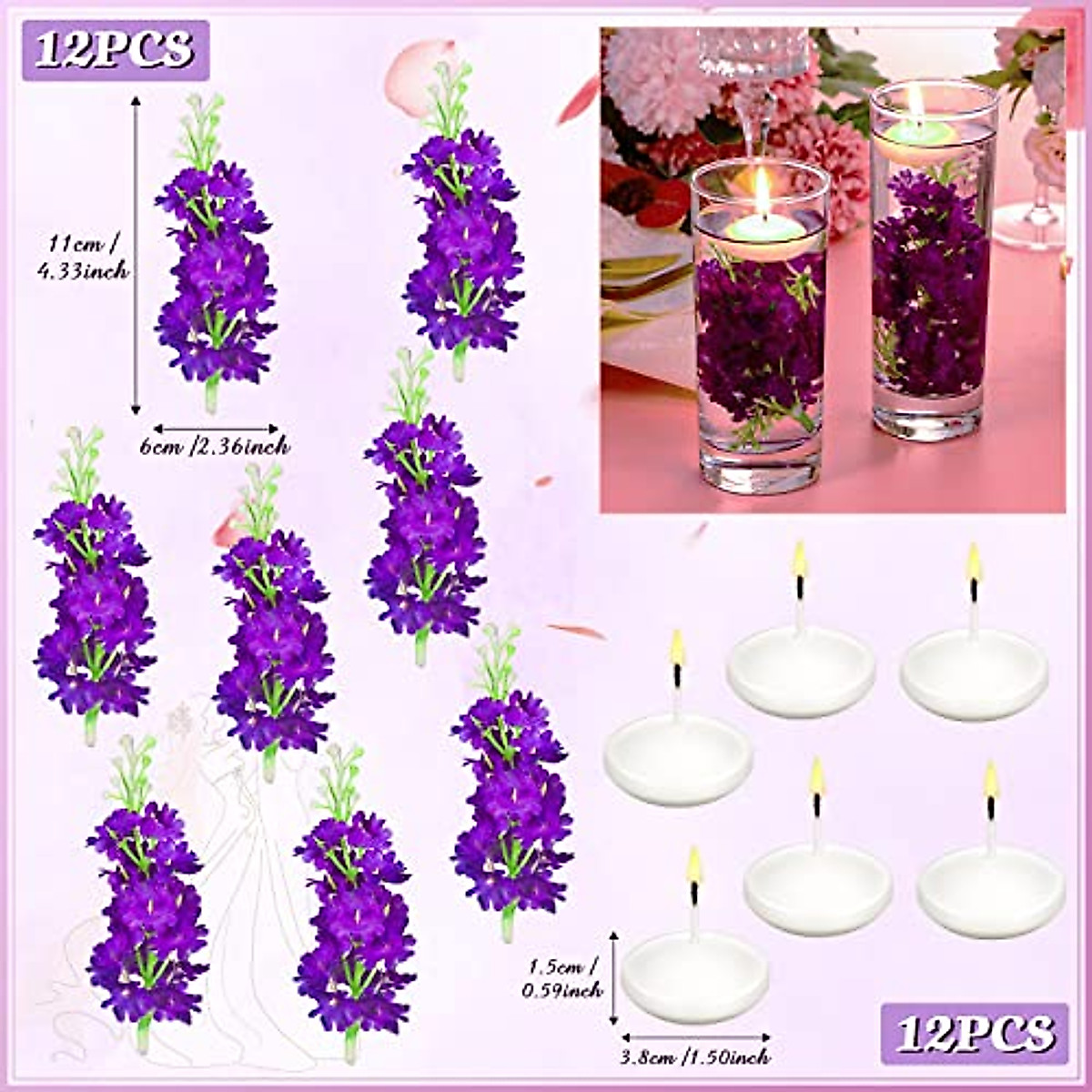 24 Set Artificial Faux Flowers for Floating Candles Centerpiece 12 Unscented Floating Candles and 12 Flower Vase Filler Table Centerpiece for Wedding Party Table Home Decor (Purple)