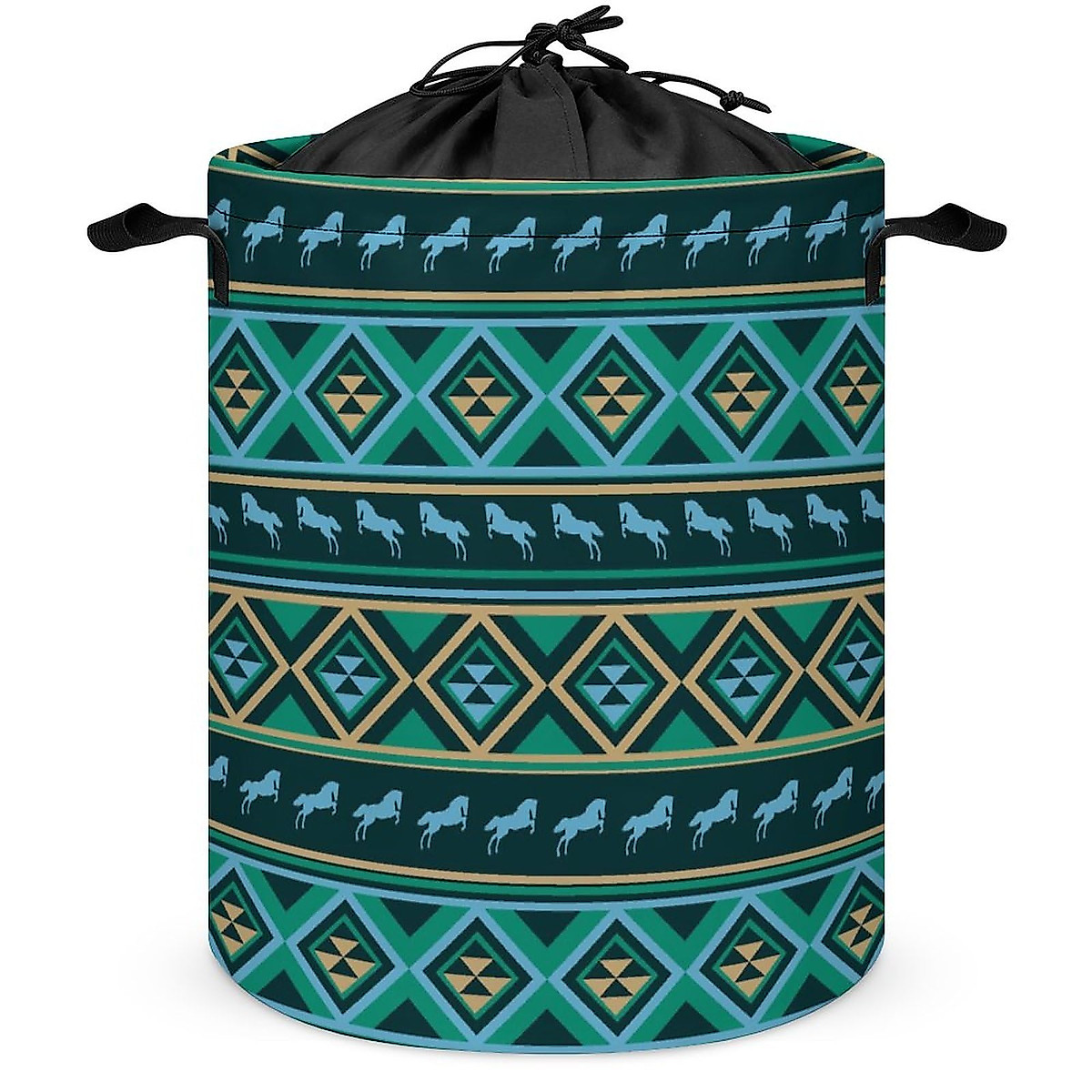 Large Laundry Basket, Teal Green Native American Tribal Ethnic Western Horse Collapsible Drawstring Laundry Hamper, Waterproof Storage Baskets with Handles for Household Bedroom, Bathroom, Dorm