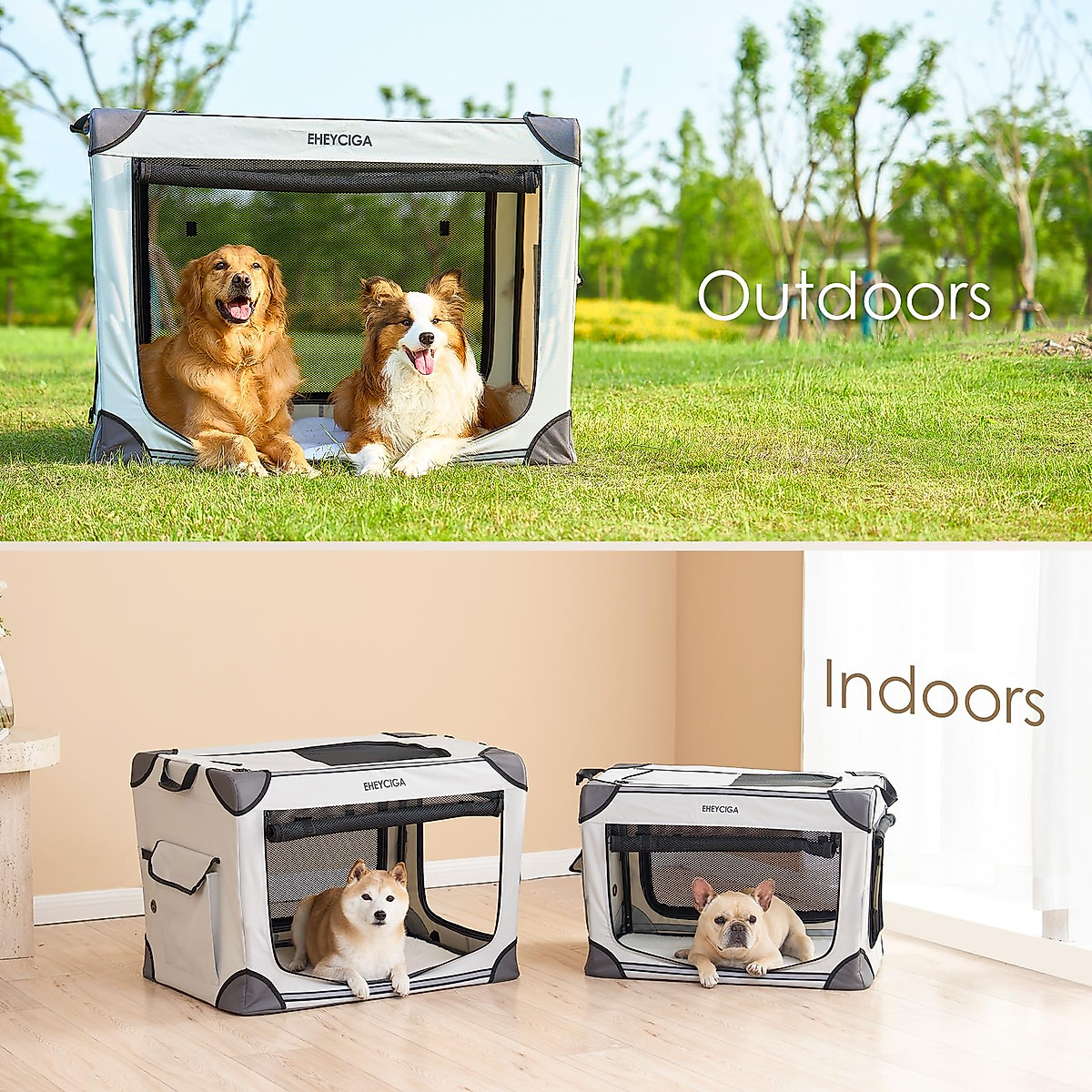 EHEYCIGA Collapsible Dog Crate 26 Inches, Soft Portable Dog Crate for Small Dogs, Travel Dog Kennel Indoor & Outside, Foldable Dog Crate with 4-Door Mesh Windows