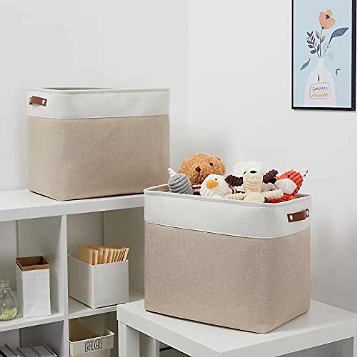 DULLEMELO Collapsible Bundle Baskets 2 Large Baskets 17"x12"x15" + 2 Narrow Baskets 15"x6"x5.5"（White&Khaki)