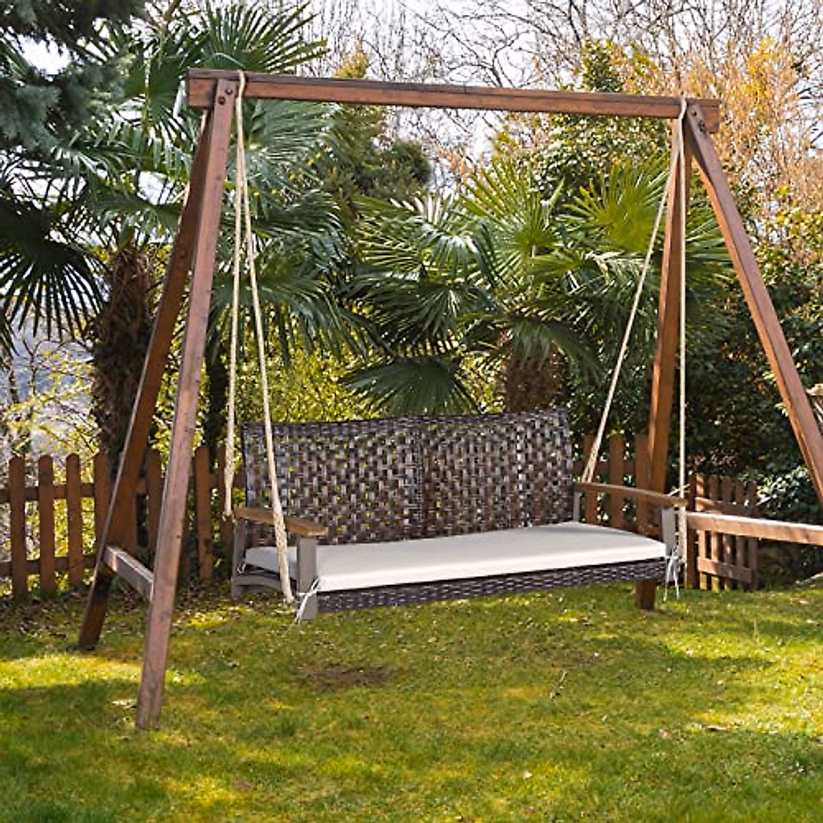 Tangkula 2 Person PE Wicker Porch Swing Bench, Outdoor Hanging Swing with Soft Seat Cushion and Hanging Ropes(Length of 118" for Each Chain), 800 LBS Weight Capacity (Off White)