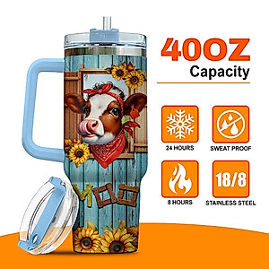 99WHALE Heifer Switch Canvas Sign, Tumbler 40 Oz With Handle Lid And Straw, Blue Handle Light Cup For Navy Brown Coffee Women Print Cows Funny Cups Adults Stainless Steel Royal, Cow Gifts