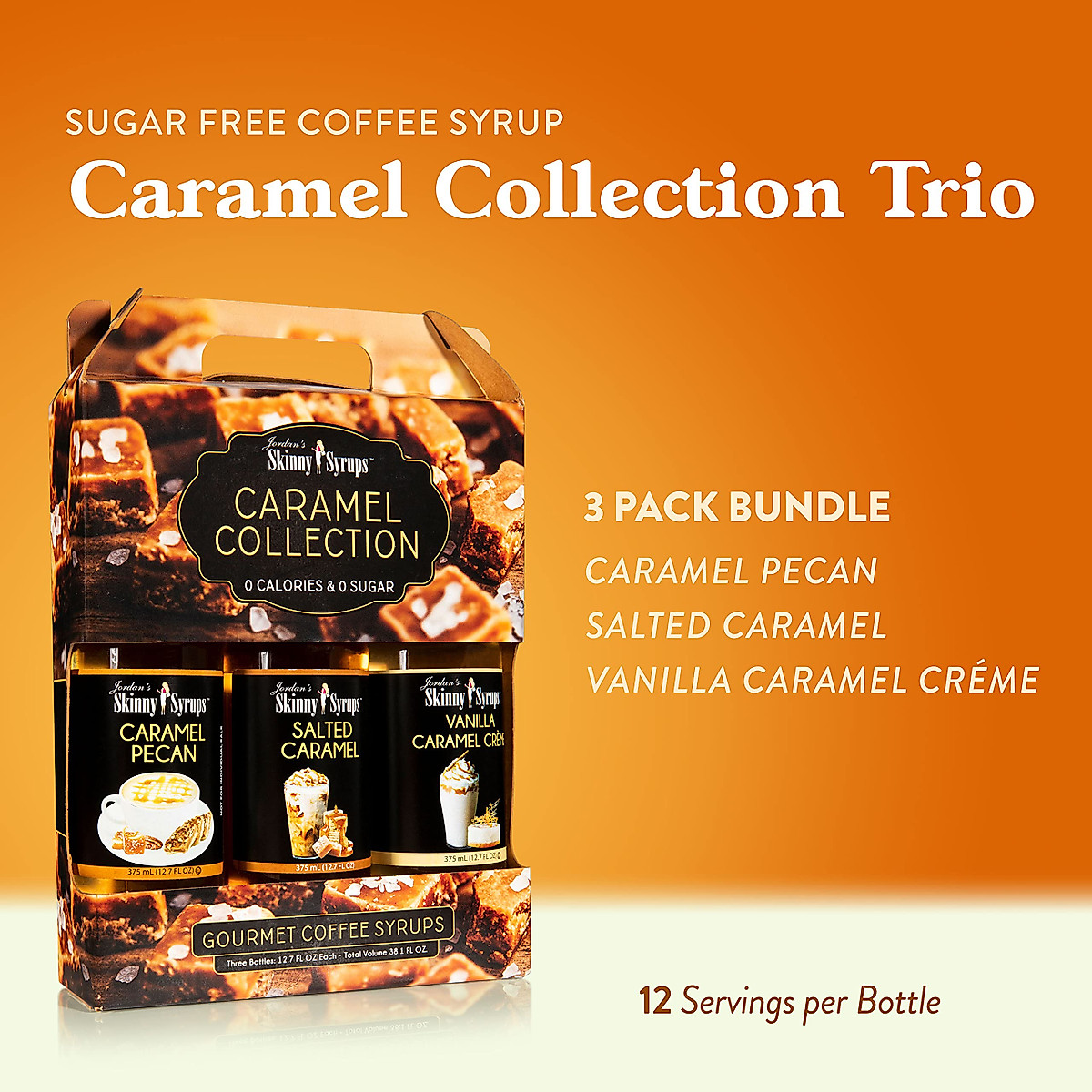 Jordan's Skinny Syrups Sugar Free Coffee Syrup Collection, Caramel Pecan, Salted Caramel, and Vanilla Caramel Cream, Zero Calorie Flavoring Syrups for Coffee, 12.7 Fl Oz, 3 Variety Pack