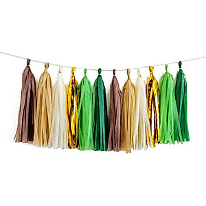 30PCS Green Gold Brown Wild One Party Banner DIY Tissue Paper Tassel Garland Jungle Safari Woodland Baby Shower Streamers Backdrop Birthday Nursery Classroom Hanging Decorations