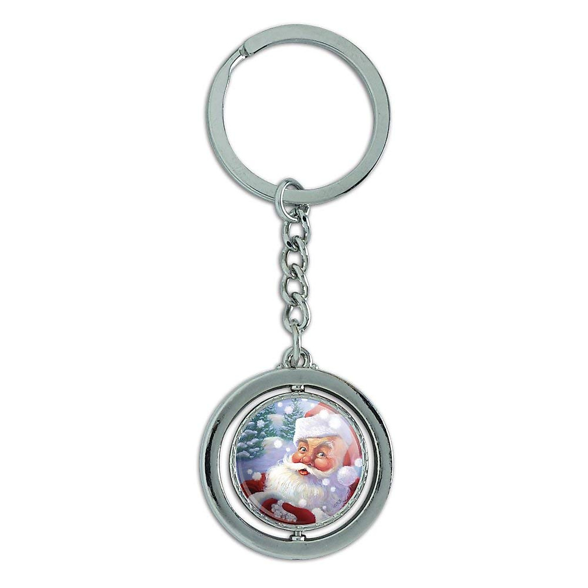 GRAPHICS & MORE Christmas Holiday Santa Catching Snowflakes Keychain Spinning Round Chrome Plated Metal