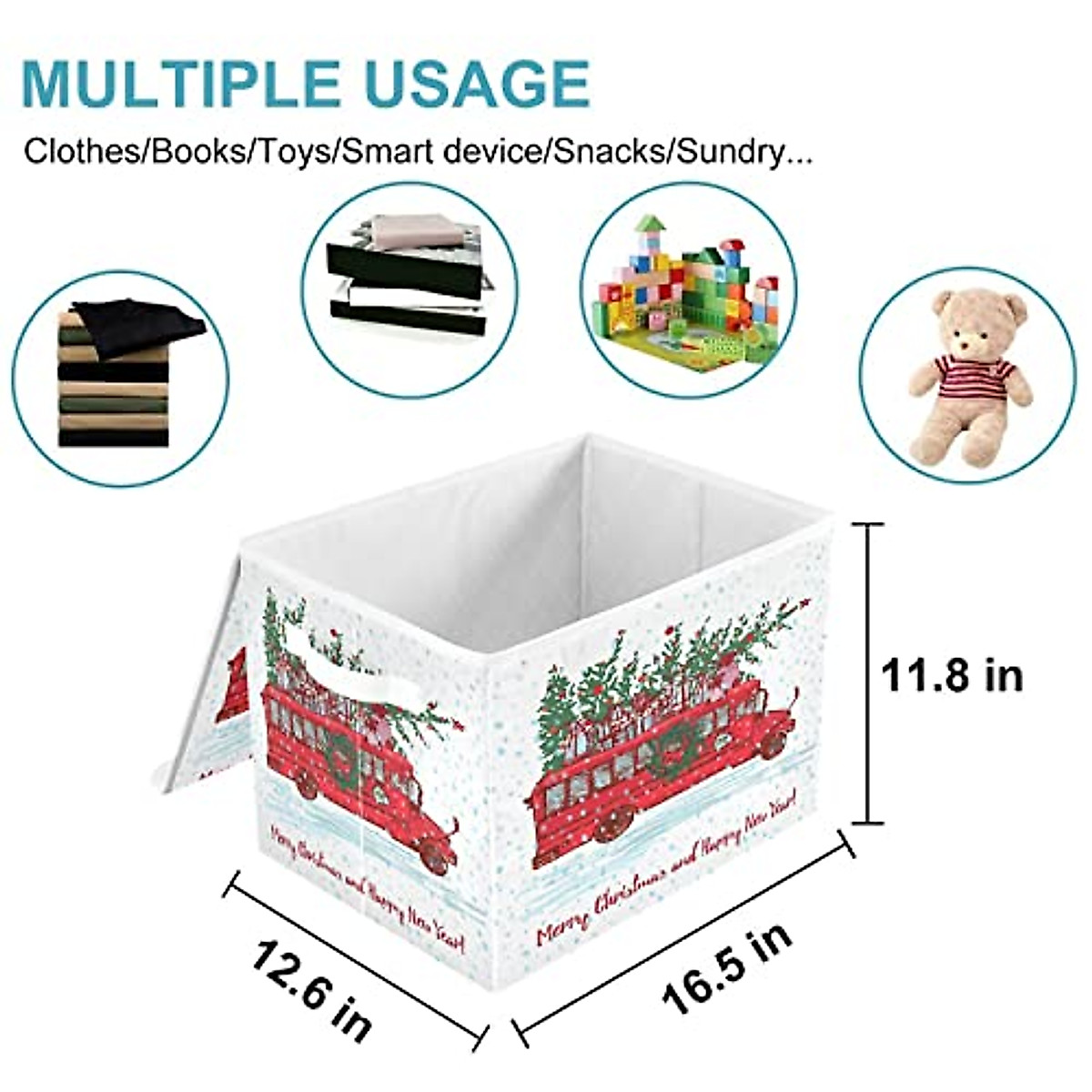 CaTaKu Christmas Red Bus Storage Bins with Lids and Handles, Fabric Large Storage Container Cube Basket with Lid Decorative Storage Boxes for Organizing Clothes