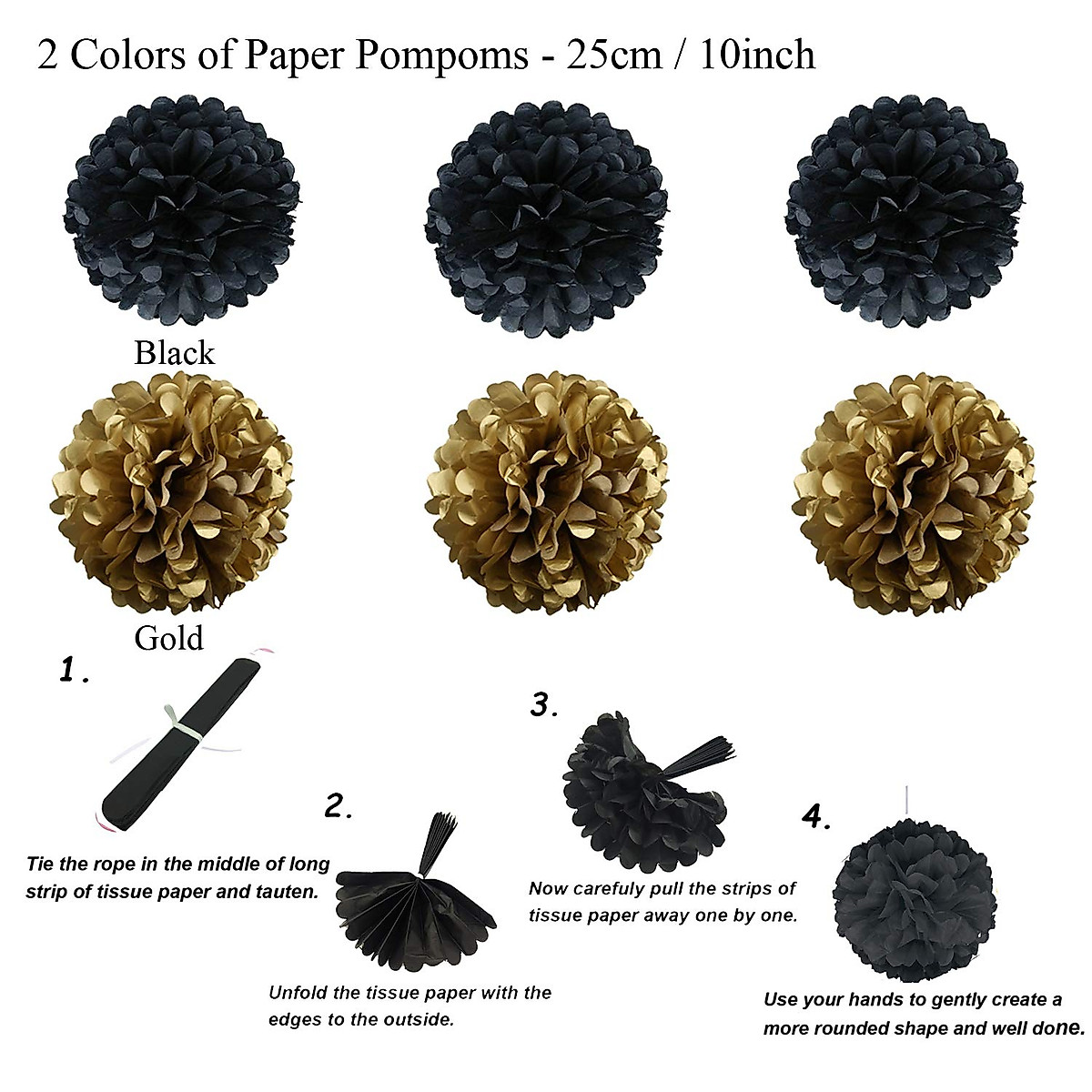 ZERODECO Black and Gold Decorations, Hanging Paper Fans Pom Poms Flowers Tassel Garlands String Triangle Bunting Flags and Balloons for Birthday Graduation Congrats Grad New Years Party Décor