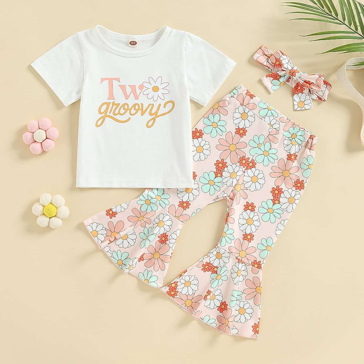 CHAUKAREAUL Toddler Baby Girl 2nd Birthday Outfit Short Sleeve Two Groovy Print Romper Floral Bell Bottom Pants 2 Year Old (White 2nd, 2-3 Years)