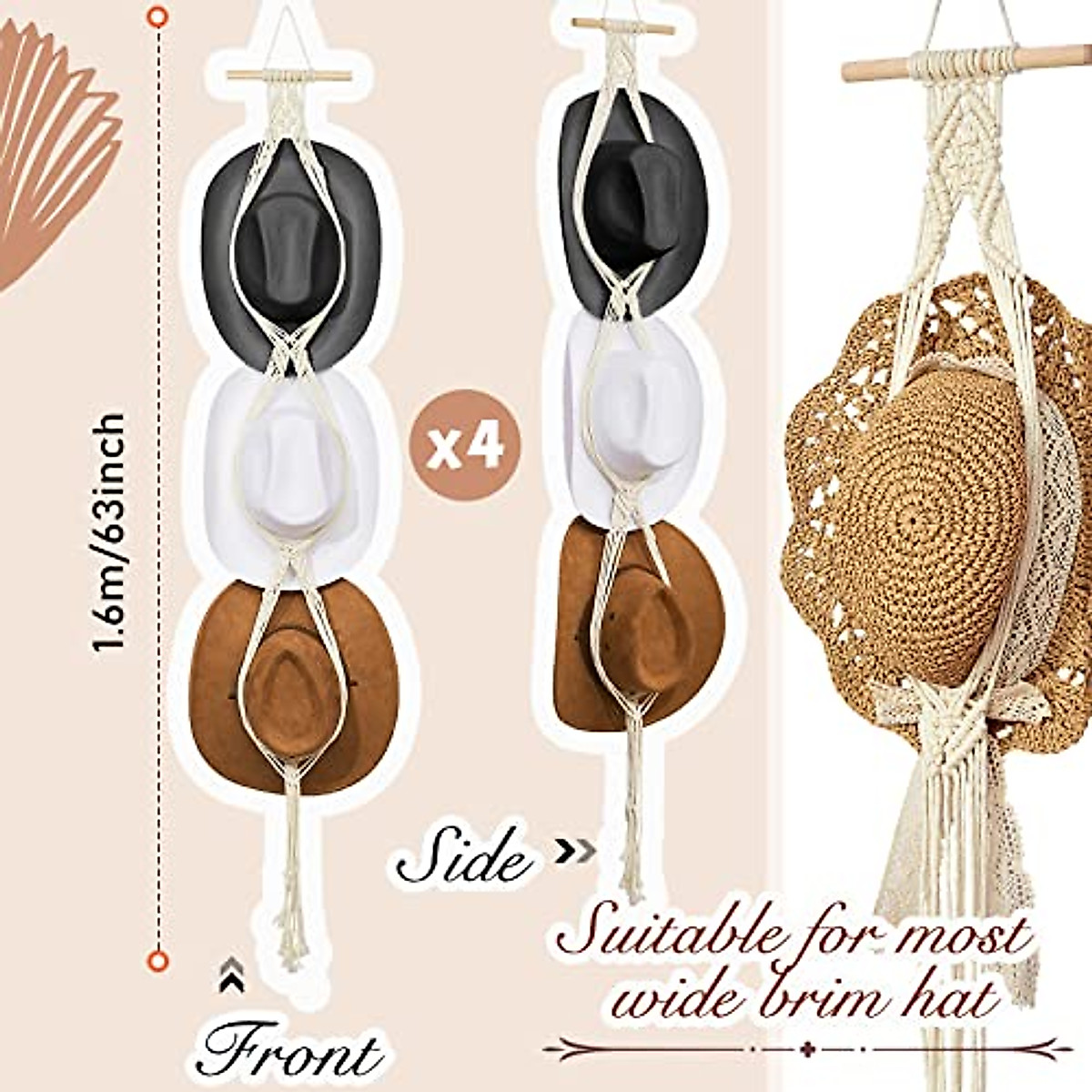 Hat Organizer Bohemian Hat Wall Hanging Wooden Hat Hooks Boho Hat Hangers for Wall Hanging Hat Display Hand Weaving Hat Rack Decorative Cap Holder for Wide Brim and Fedoras Baseball Caps (4 Pieces)