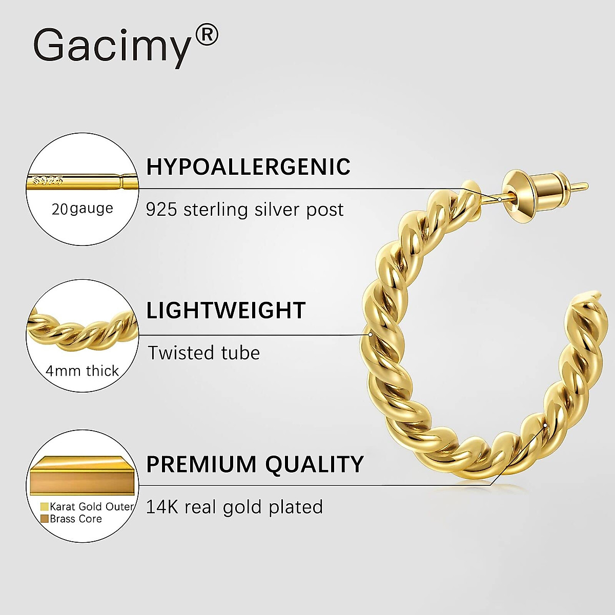 Gacimy Twisted Gold Hoop Earrings for Women 14K Real Gold Plated, 925 Sterling Silver Post Chunky Hoop Earrings for Women, 25mm Medium Braided Hoop Earrings
