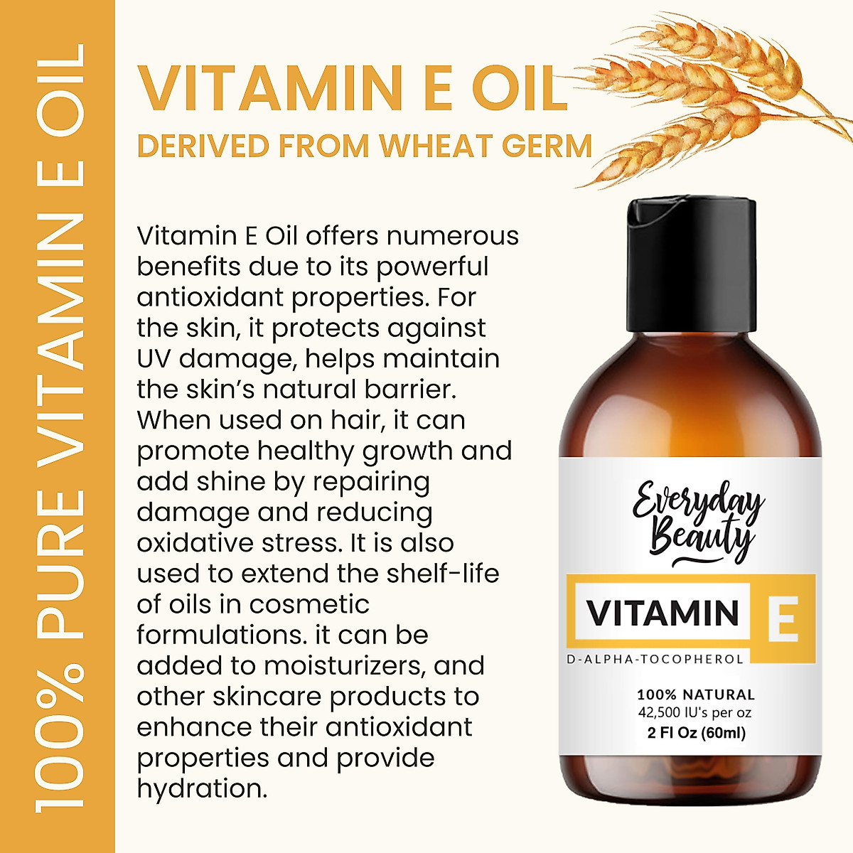 Pure Vitamin E Oil - D-Alpha Tocopherol 100% Pure & All Natural 2oz 42,500 IU per oz - Thick, Amber Color, Nutty Aroma - From Wheat Germ -Face Body Hair -DIY Cosmetics & After Surgery Scars