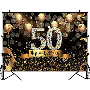 Sensfun 10x8ft Happy 50th Birthday Party Photography Backdrop Glitter Black and Gold Balloons Background for Woman Fabulous 50 Bday Party Decorations Shining Diamond Fifty Years Old Photo Banner