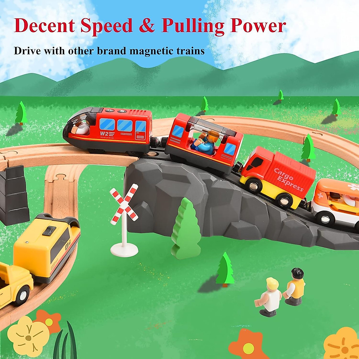 Giant bean Battery Operated Action Locomotive Magnetic Train Set for Wooden Train Tracks, Powerful Engine Compatible, Wood Train Track Toys for Kids 3+