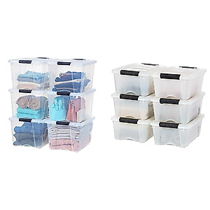 IRIS USA 40 Qt. Plastic Storage Container Bin, Medium & Plastic Storage Container Bin with Secure Lid and Latching Buckles, 6 pack - Pearl, Small