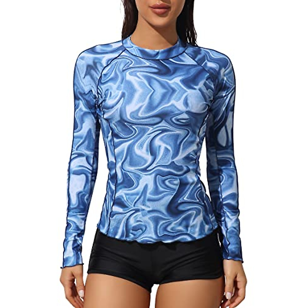 ATTRACO Rash Guard for Women Long Sleeve Swim Shirt Y2K Skiny UV Swimsuit Top UPF 50+ Blue L