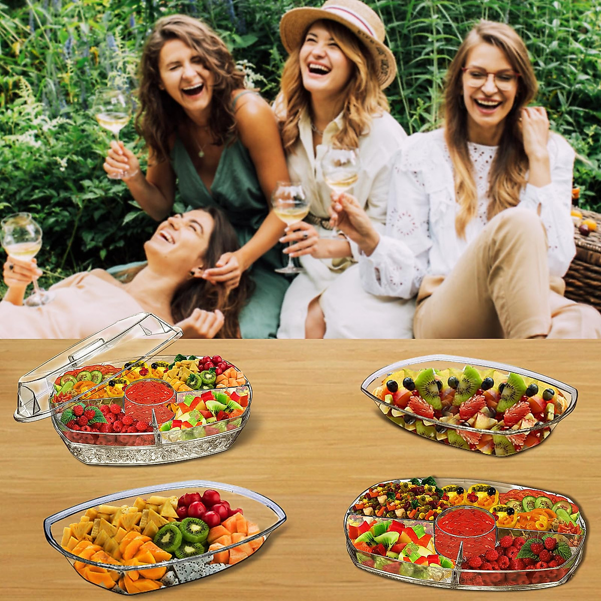 Serving Tray on Ice,Chilled Serving Tray,Serving Trays That Keep Food Cold,Kitchen Chilled Food Bowl with Compartment and Lids for Shrimp, Fruits, Vegetables, Salads