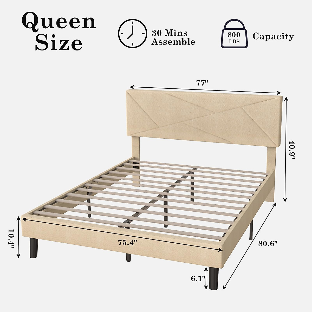 Flolinda Queen Size Bed Frame with Fabric Upholstered Headboard, Queen Bed Frame with Wooden Slats Support, Fully Upholstered Mattress Foundation, No Box Spring Needed, Easy Assembly, Beige