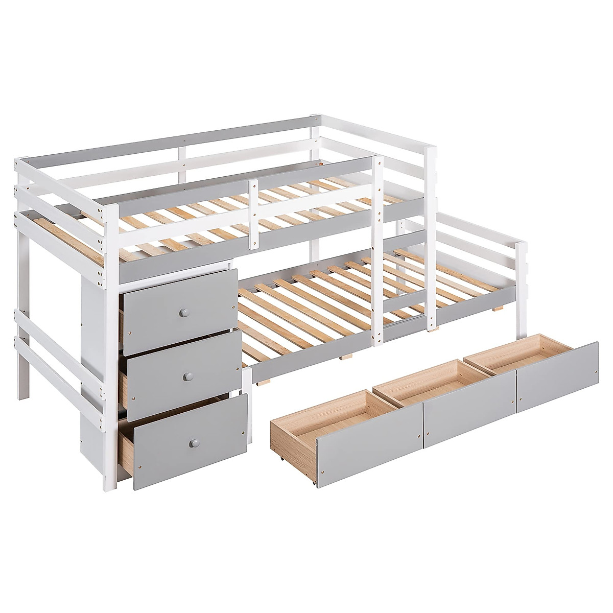 Low Loft Bed with Storage Drawers and Dresser, Wood Twin Over Twin Bunk Bed Frame for 2 Kids, Modern Junior Loft Beds with Storage and Platform Bed for Boys Girls Teens, Gray