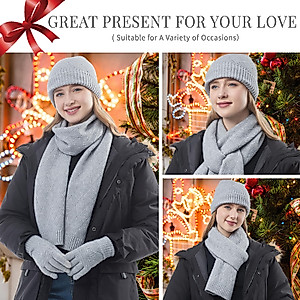 REACH STAR Womens Winter Warm Knit Beanie Hat Touchscreen Gloves Long Scarf Set with Soft Fleece Lined Skull Caps Neck Scarves Mitten 3 in 1 Set Gift for Women