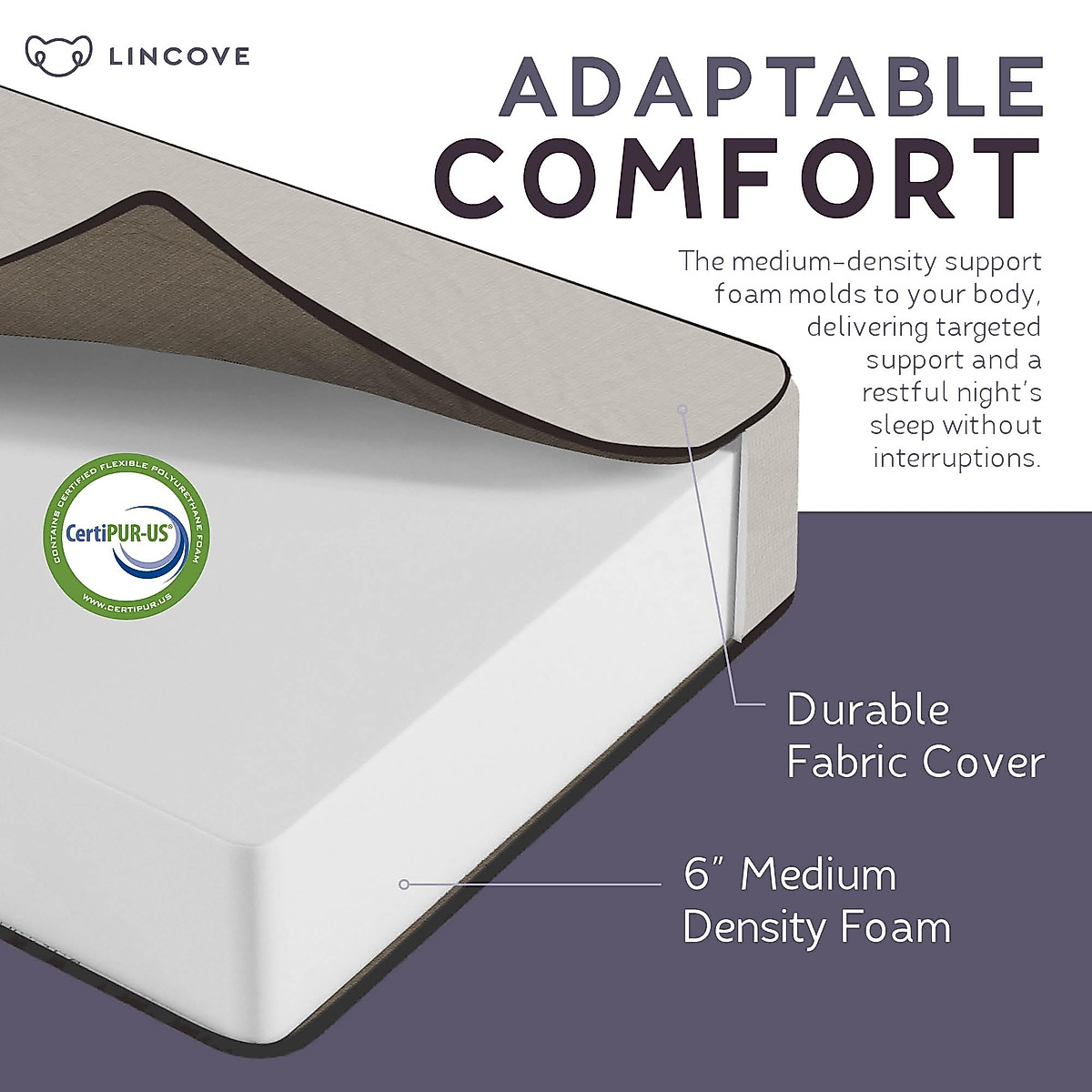 Lincove Premium 6-Inch Thick Foam Mattress with Durable Fabric Cover – Ideal for RV, Cot, Guest Bedroom - Folding Bed & Daybed - CertiPUR-US Certified –Made in USA Size: 36"x74"x6" - Color: Grey