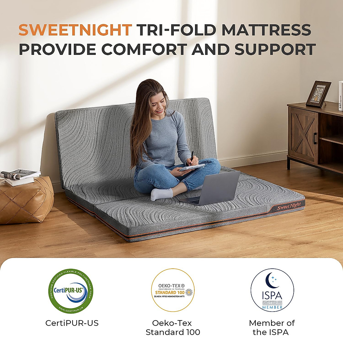Sweetnight Trifold Mattress with Carry Bag - 4 Inch Portable Floor Mattress with Breathable & Washable Cover | Foldable Mattress Topper for Travel, Camping, Guest Grey Twin XL