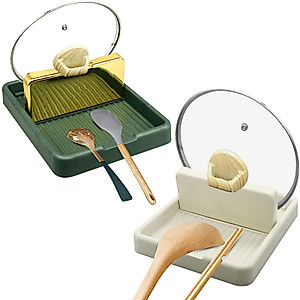 2 Pcs Spoon Rest for Kitchen Counter, Utensil Rest Kitchen Spoon Rest with Lid Holder Kitchen Gadgets Spoon Rest for Stove Top, Pan Lid Organizer Kitchen Spoon Holder for Countertop (White, Green)