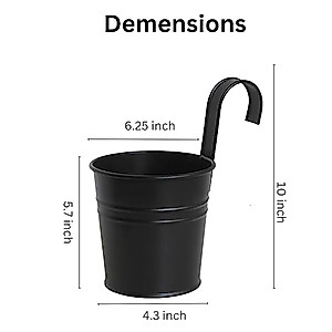 GARDEN4LIFE 6.25 Inch Large Iron Hanging Plant Pot Set - Planters for Indoor Plants & Outdoor Flora w/Drainage Hole, Detachable Hook - Ideal Balcony Planters Fence Railing Hanging Pots - 4Pcs Black