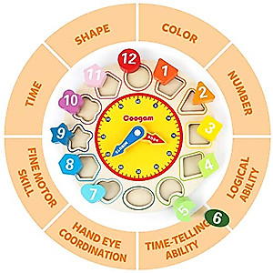 Coogam Wooden Shape Color Sorting Clock – Teaching Time Number Blocks Puzzle Stacking Sorter Jigsaw Montessori Early Learning Educational Toy Gift for Year Old Kids