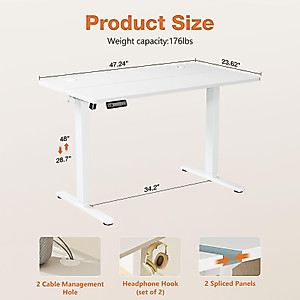 Sweetcrispy Electric Standing Desk - 48 x 24 inch Adjustable Height Sit to Stand Up Desk with Splice Board, Rising Home Office Computer Table with 2 Hook and Wire Hole for Work
