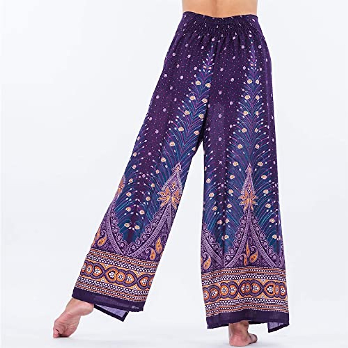 LOFBAZ Slit Leg Palazzo Yoga Pants for Women Girls Maternity Summer Beach Pajama High Waisted Boho Harem Pants Womens Clothing Peacock 1 Purple Gold L