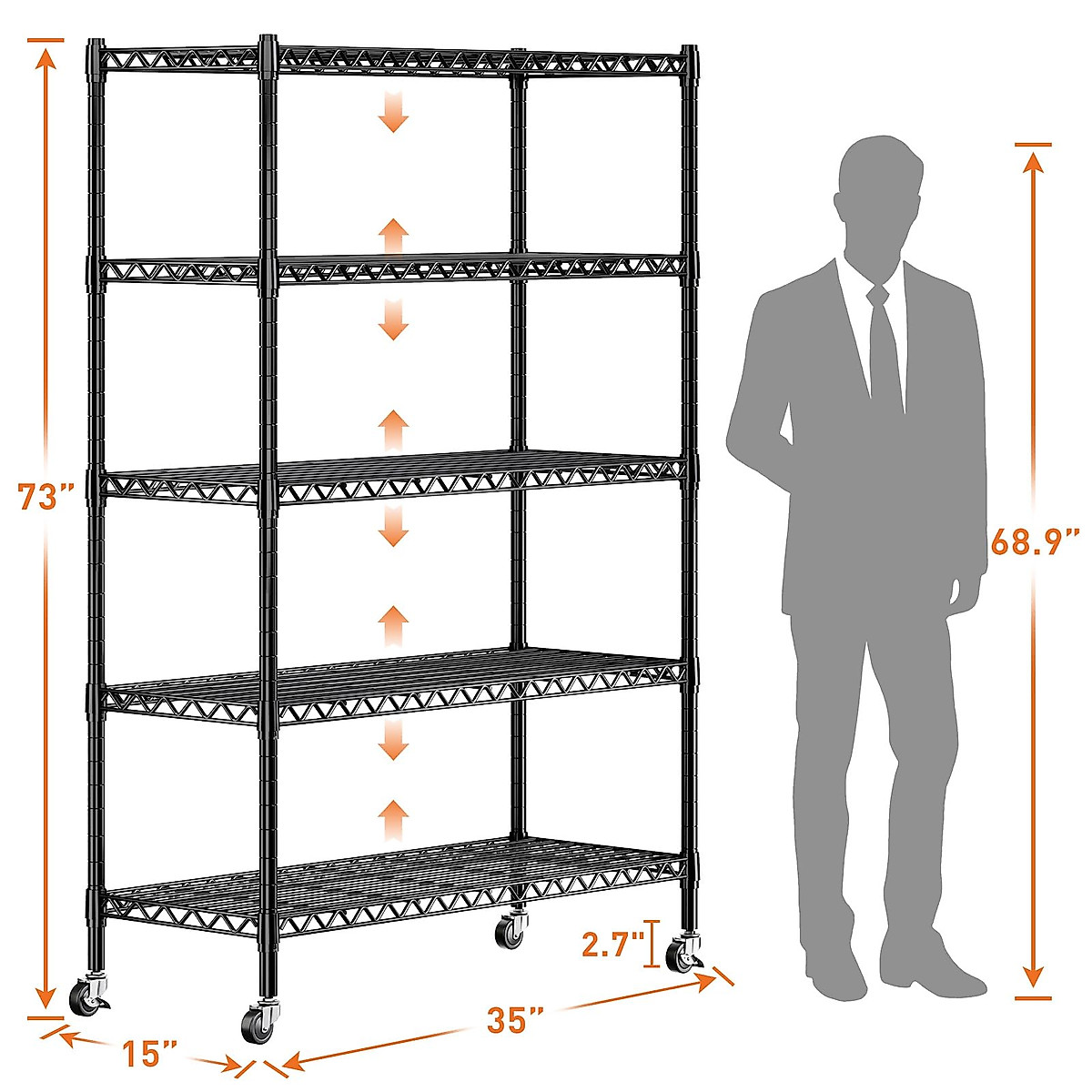 REIBII 73''H Storage Shelves 1780LBS Wire Shelving Unit with Wheels 5 Tier Metal Shelving,Heavy Duty Metal Shelves for Storage Rack,73''HX35''WX15''D