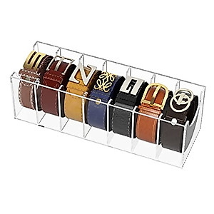 FEMELI Belt Organizer, Acrylic 7 Compartments Belt Container Storage Holder, Clear Belt Display Case for Closet Tie and Bow Tie