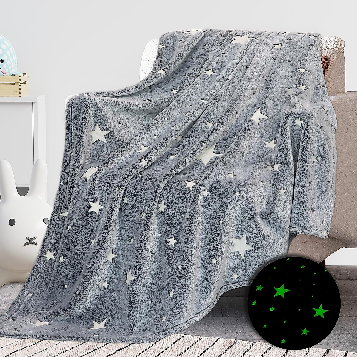 Glow in The Dark Blanket for Kids Unique Birthday Gifts for Girls Boys Teens Soft Cozy Warm Fuzzy Cute Throw Blanket All Seasons Gray Glowing Stars Blankets for Couch Sofa Bed 50"×60"