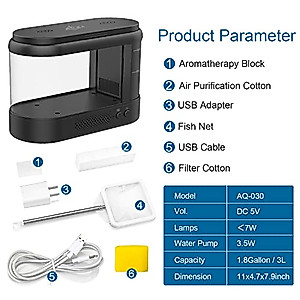 AQQA Aquarium Kit 1.8 Gallon Small Betta Fish Tank with Adjustable LED Lighting (9 Colors) Internal Filter Pump and Air Purification Aromatherapy Function for Home Office (Black)
