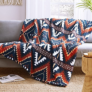 CASAAGUSTO Boho Sherpa Throw Blanket, Aztec Throw Blanket, Ultra Soft, Warm, Cozy, Plush, Thick Fleece Bohemian Throw Blanket for Couch, Bed, Sofa (Navy Blue 50 * 60 Inch)