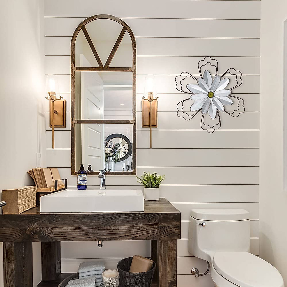 YEAHOME Metal Flower Wall Decor - 11 inch Wall Art Decorations Spring Yard Garden Rustic Farmhouse Home Decor Aesthetic for Bathroom, Bedroom, Kitchen, Outdoor Patio Garden Decor(Galvanized 1)