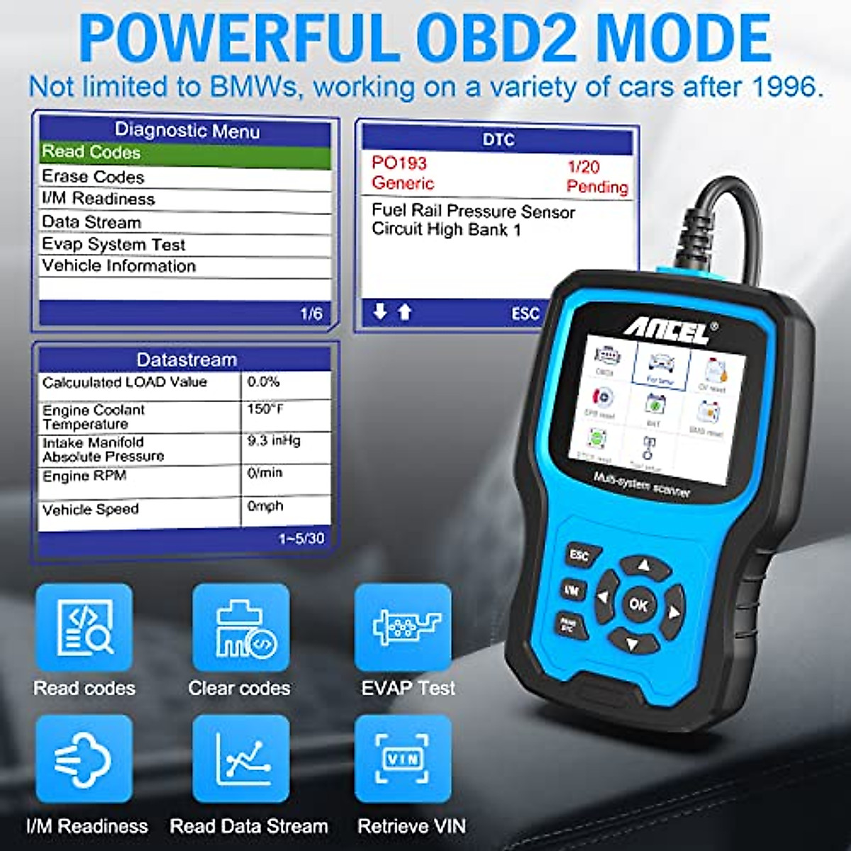 ANCEL BM700 Battery Registration Tool Fits for BMW, Full Diagnostic Tool Professional SRS Airbag Reset Scan Tool for Mini Cooper OBD1 OBD2 Scanner Car Engine Code Reader Injector Coding Oil Reset