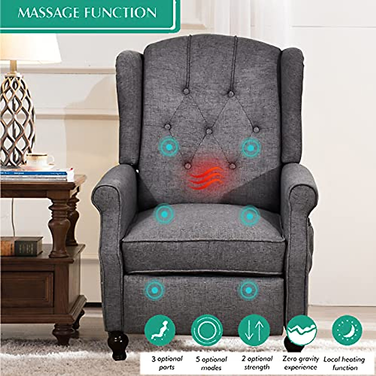 SAMERY Wingback Recliner Chair with Massage and Heat- Accent Chair Push Back Chair for Living Room Bedroom, Tufted Comfy Reclining Arm Chair Sofa, Reading, Napping