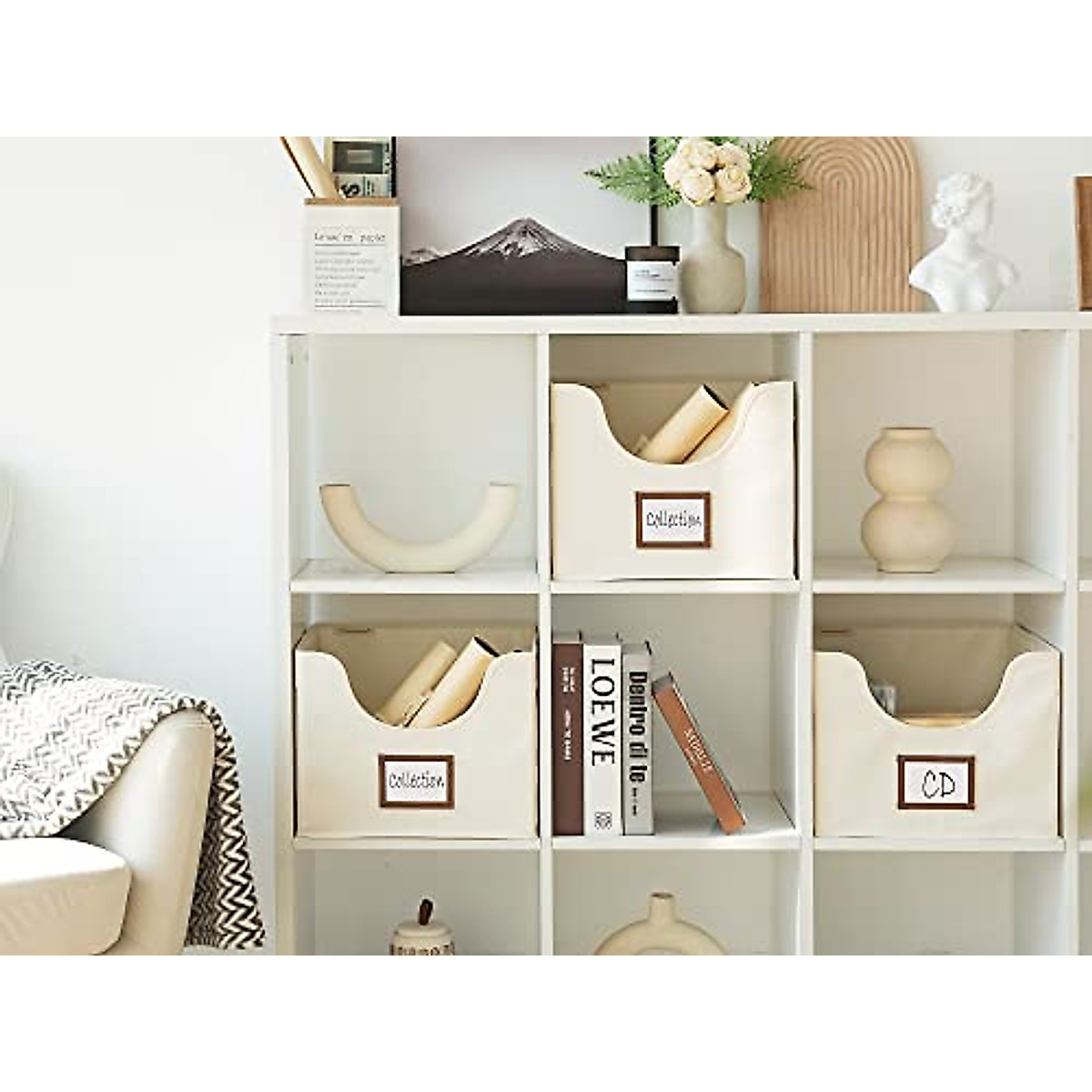 StorageWorks Closet Storage Bins, Open Front Cube Storage Bins with Cutout Window and 2 Handles, Foldable Fabric Clothes Organizer, Large, Beige, 2-Pack