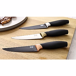 Steak Knives Set of 4 - Brooklyn by Taylors Eye Witness. Serrated black ceramic-coated blade with chrome-plated bolster. Corrosion-Free, Easy Clean Ceramic Coating. Soft Grip Handle. 2 Year Guarantee