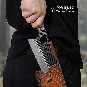 Nordic New Viking Series Professional 8 Inch Chef Knife, Damascus Chef Knife, 67 Layers, Hand Forged Chef Knife with Resin and Maple Wood Handle and Leather Sheath