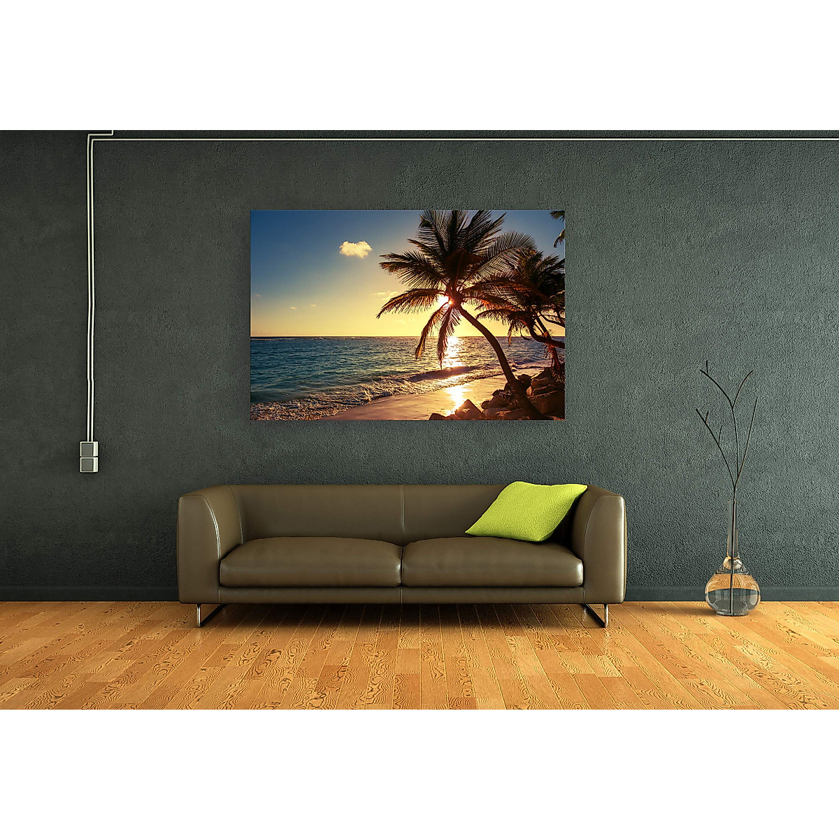 Muolunna S04981 Wall Art Decor Large Canvas Print Picture Sunset Ocean Beach Waves 1 Panel Coconut tree Scenery Painting Artwork for Office Home Decoration Stretched and Framed Ready to Hang XLarge