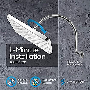 SparkPod 12 Inch Rectangle Rain Shower Head - Ceiling or Wall Mount Rainfall Shower Head - Large Coverage Showerhead - Brass Ball Joint with 360° Adjustment - 1-Min Install (Chrome & White)