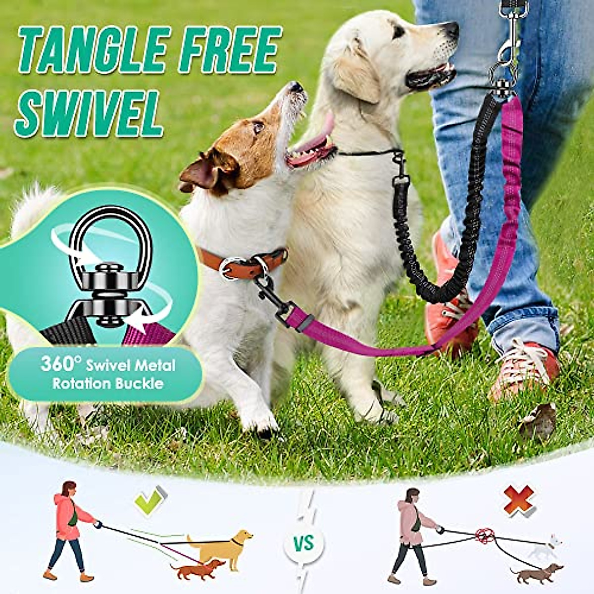 AUTOWT Two Dog Lead, 2 in 1 Upgraded Double Dog Leash Attachment Combine Adjustable Strap and Shock Absorbing Bungee No Tangle Dual Training Splitter for Different Size Dogs