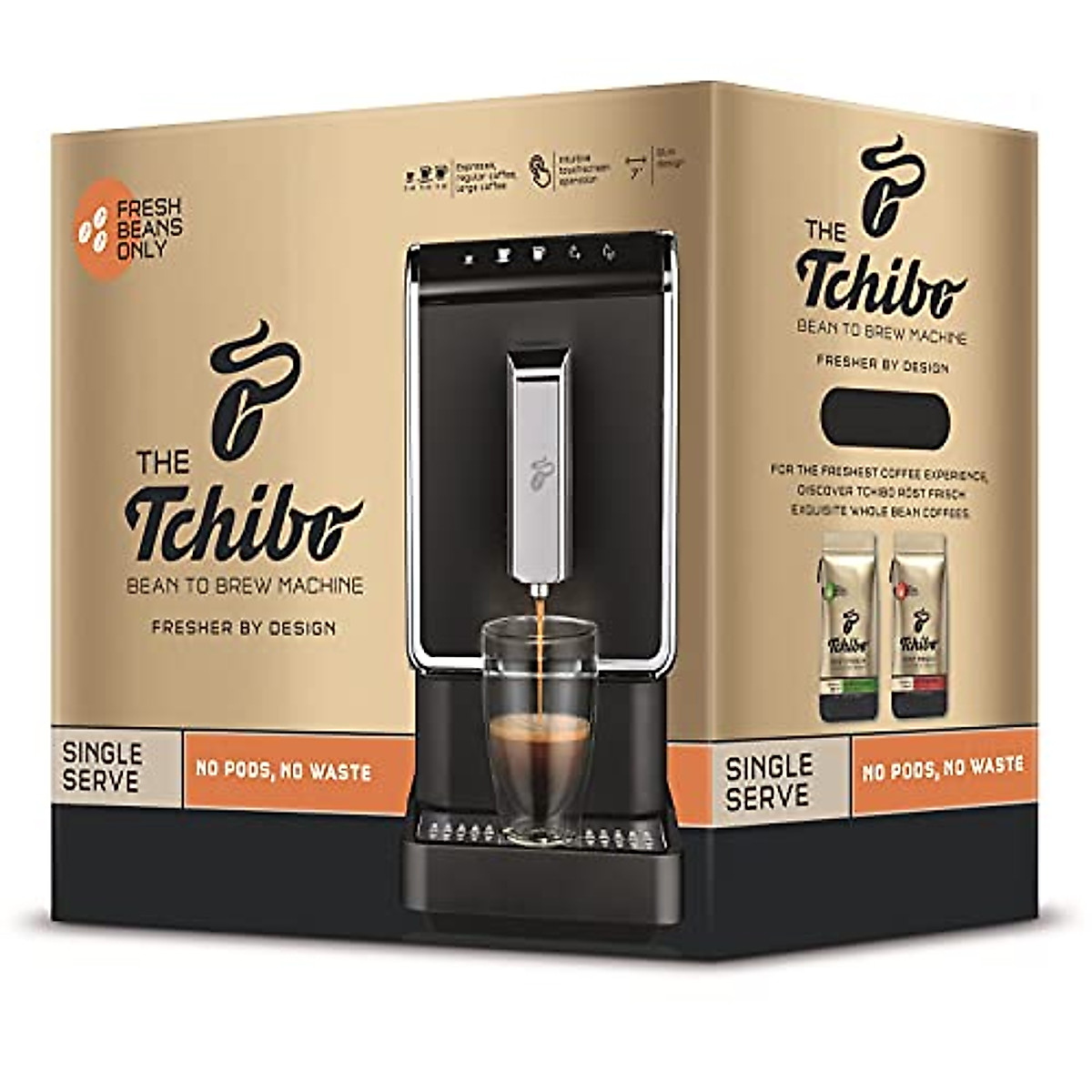 Tchibo Single Serve Coffee Maker Black - Automatic Espresso Coffee Machine with Induction Milk Frother for Rich, Creamy Froth - Built-in Bean Grinder, No Coffee Pods Needed